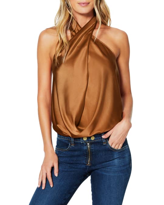 Ramy Brook Harriet Sleeveless Draped Silk Halter Top | Neiman Marcus