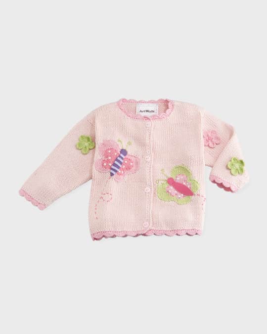 Art Walk Butterflies Cotton Button-Front Sweater, Pink, Size 6-24 ...