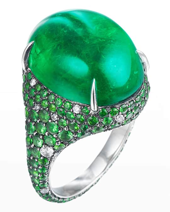 Eclat Jewels Platinum Cab Emerald, Tsavorite & Diamond Ring, Size 6 ...
