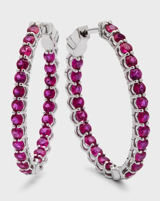 Neiman Marcus Diamonds Small Ruby Hoop Earrings in 18K White Gold, 3.22tcw, 1.0"L | Neiman Marcus