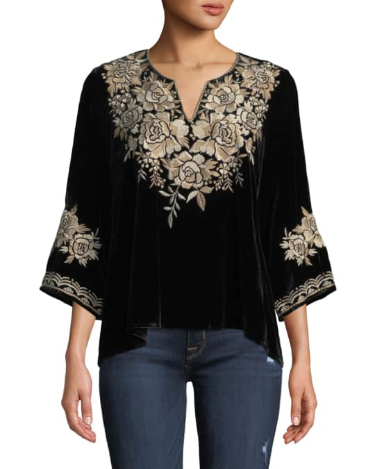 Johnny Was Plus Size Ollena Floral-Embroidered Velvet Top | Neiman Marcus