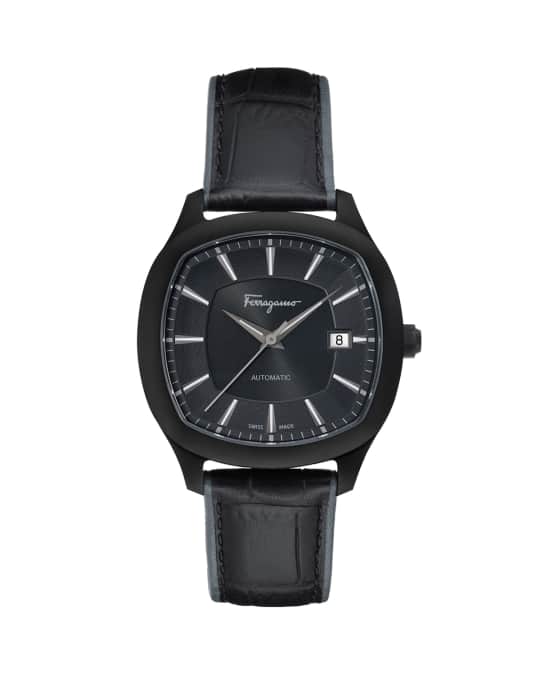 Ferragamo Men's Automatic Octagonal Leather Watch, Black | Neiman Marcus