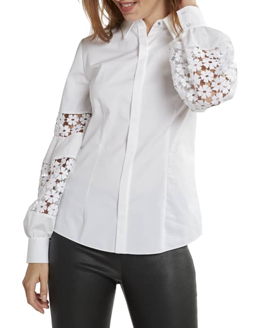 Elie Tahari Mani Button-Front Bishop-Sleeve Top w/ Flower Crochet ...
