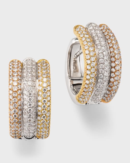 64 Facets Pave 18K Tricolor Diamond Huggie Hoop Earrings, 0.75tcw ...
