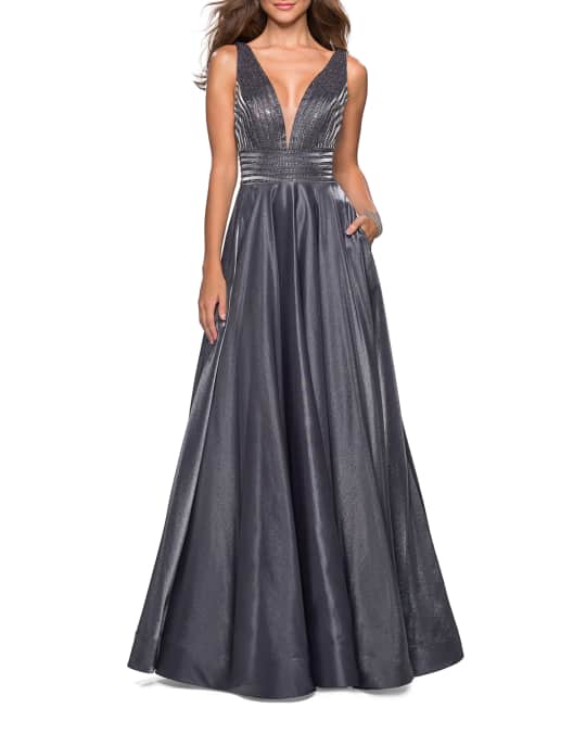 La Femme Plunge Neck Sleeveless Two Tone Satin Ball Gown With