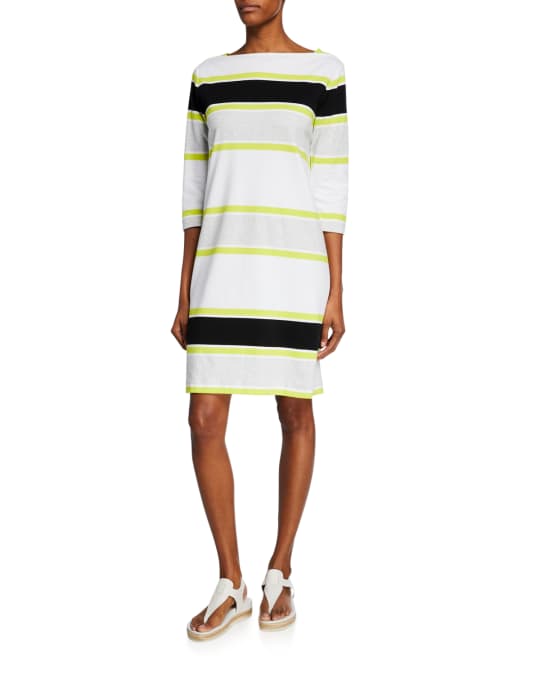 Joan Vass Striped Bateau-Neck 3/4-Sleeve Dress | Neiman Marcus