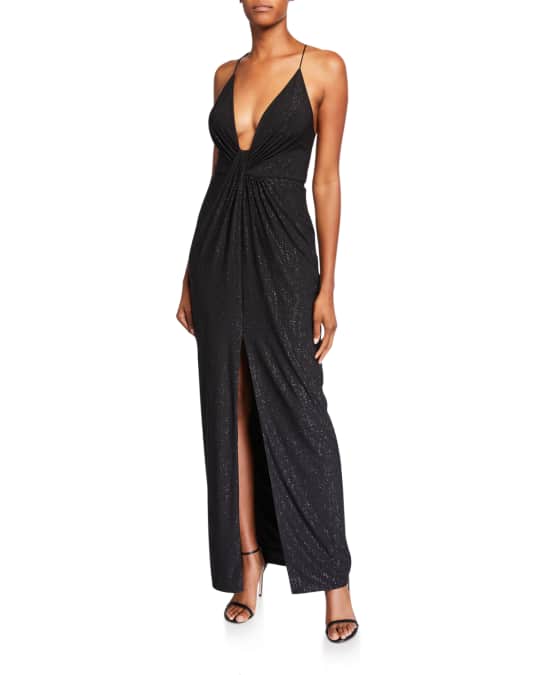 Aidan by Aidan Mattox Draped Metallic Jersey Deep V-Neck X-Back Gown ...