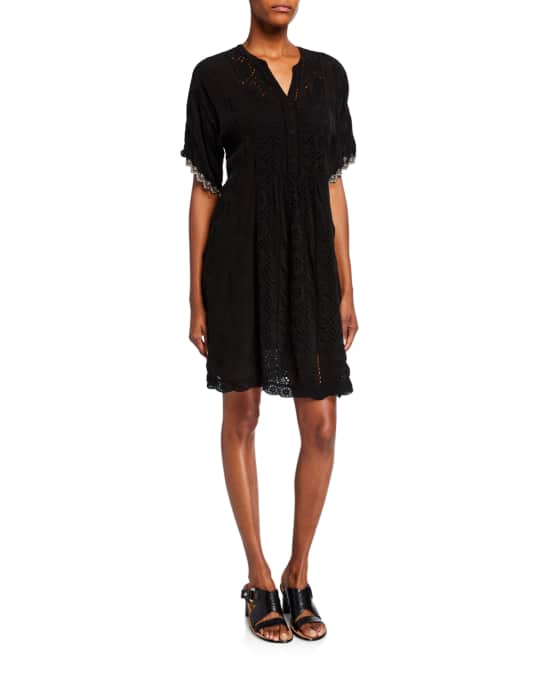 Johnny Was Riza Elbow-Sleeve Embroidered Shift Dress | Neiman Marcus