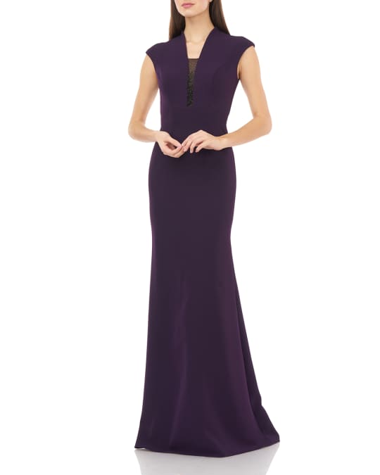 Carmen Marc Valvo Infusion V-Neck Cap-Sleeve Crepe Gown w/ Beaded Inset ...
