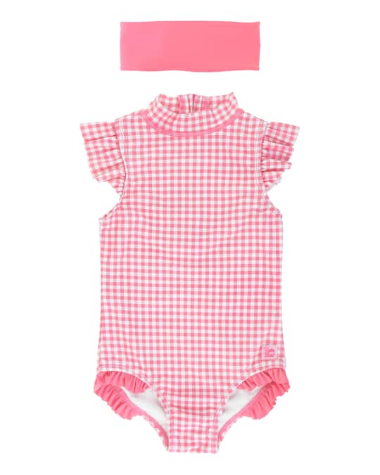 RuffleButts Girl's Gingham One-Piece Swimsuit w/ Headband, Size 3M-10 ...
