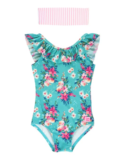 RuffleButts Girl's Floral Ruffle One-Piece Swimsuit w/ Headband, Size ...