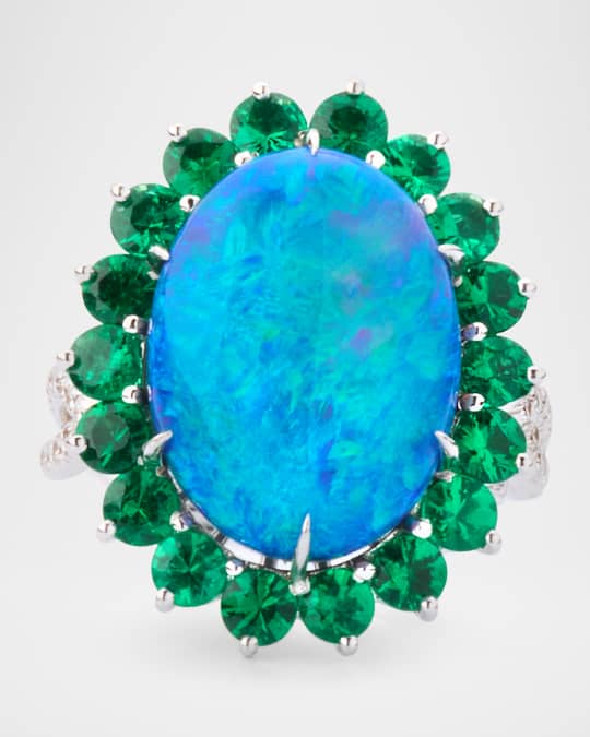 Robert Erich 18K White Gold Black Opal and Emerald Cluster Ring, Size 6 ...