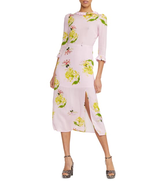 Cynthia Rowley Elena Floral Print 3/4-Sleeve Midi Dress | Neiman Marcus