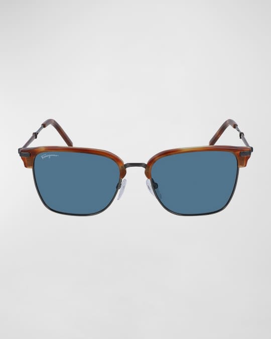 Ferragamo Men's Half-Rim Rectangle Metal/Acetate Sunglasses | Neiman Marcus
