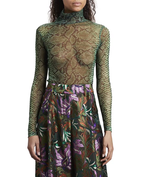 Dries Van Noten Python-Print Sheer Tulle High-Neck Top | Neiman Marcus
