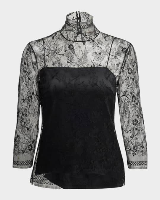 Adam Lippes Lace High-Neck Shirt w/ Attached Camisole | Neiman Marcus