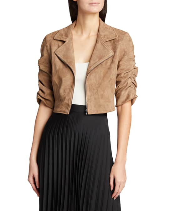 Susan Bender Ruched-Sleeve Cropped Suede Moto Jacket | Neiman Marcus