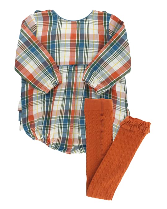 RuffleButts Girl's Miller Plaid Bubble Romper w/ Knit Tights, Size 0-24M | Neiman Marcus