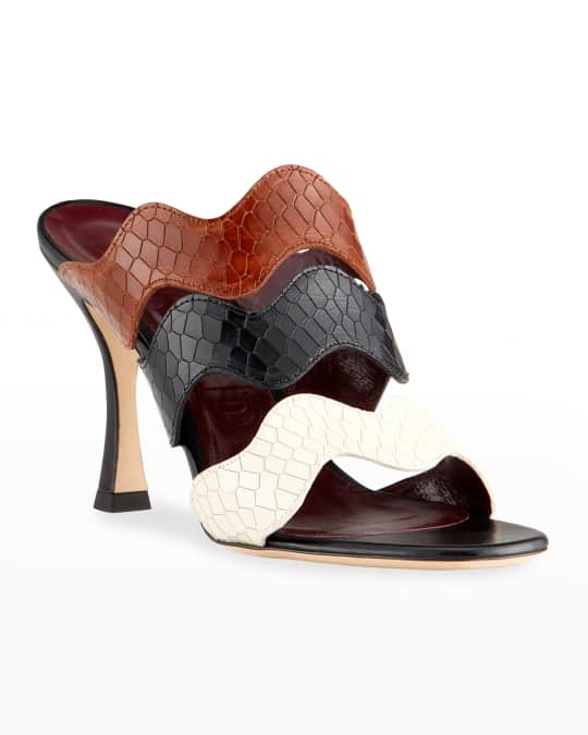 STAUD Ines Colorblock Snake-Print Slide High-Heel Sandals | Neiman Marcus