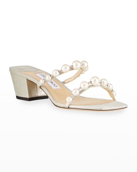 Jimmy Choo Amara Metallic Pearly-Stud Slide Sandals | Neiman Marcus