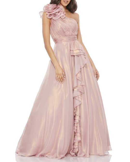 Mac Duggal Rosette One-Shoulder Iridescent Ball Gown | Neiman Marcus