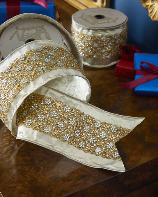 D. Stevens Metallic Ribbon with Crystal Floral, 4"W x 5 yards | Neiman ...