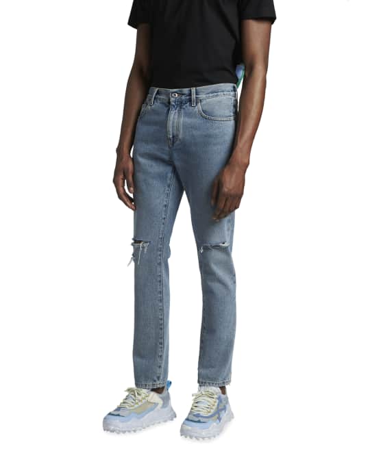 Off-White Men's Diagonal-Pocket Distressed Skinny Jeans | Neiman Marcus