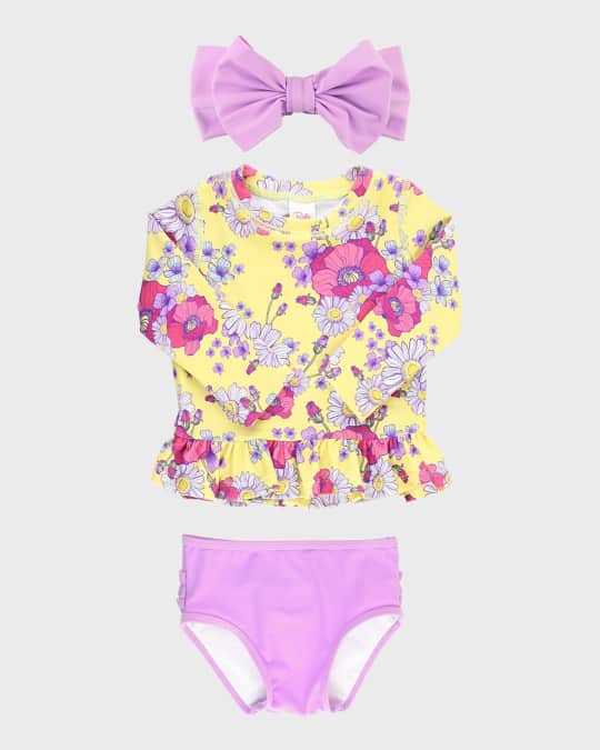RuffleButts Girl's Daisy Delight Rash Guard Bikini w/ Headband, Size 3M ...