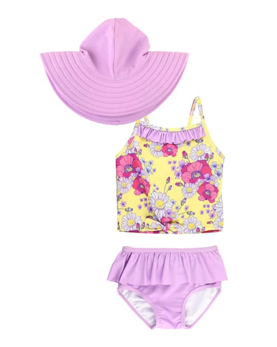 RuffleButts Girl's Daisy Delight Ruffle 2-Piece Bikini w/ Sun Hat, Size ...