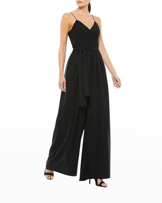 Ieena for Mac Duggal Spaghetti-Strap Chiffon Wrap Jumpsuit | Neiman Marcus