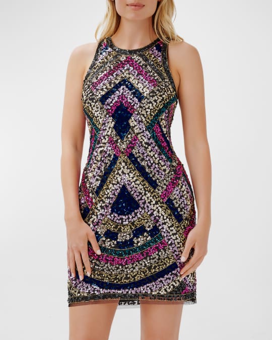 Aidan by Aidan Mattox Geometric Sequin Mini Halter Dress | Neiman Marcus