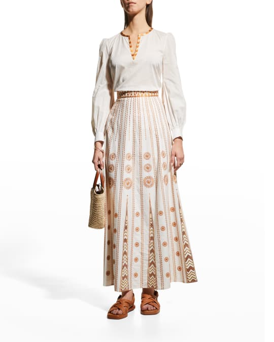 EMPORIO SIRENUSE Camille Backgammon Embroidered Cotton Voile Skirt ...
