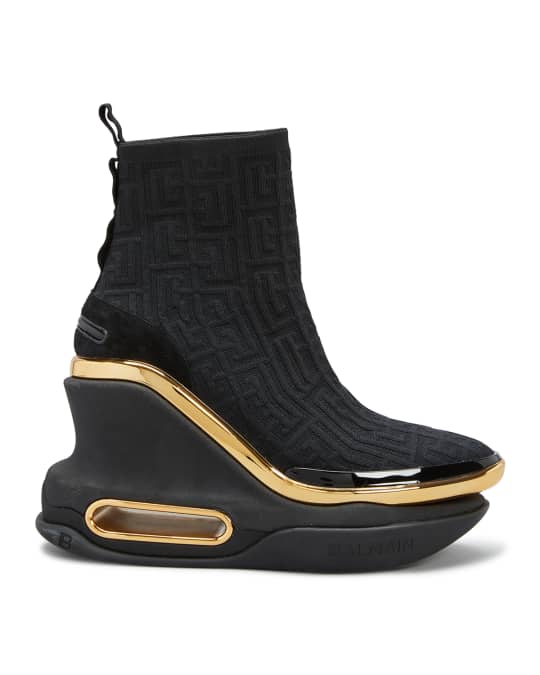 Balmain BBold Knit Monogram Metallic Wedge Sneakers | Neiman Marcus