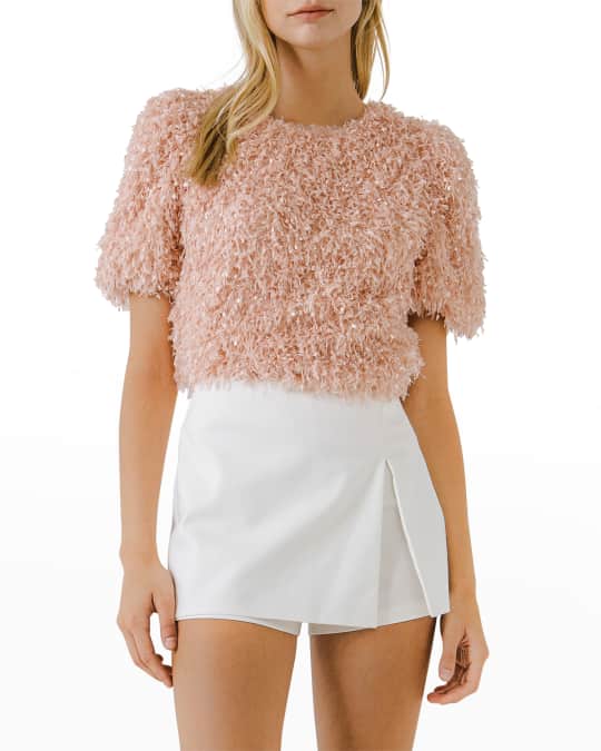 English Factory Short-Sleeve Feather Top | Neiman Marcus