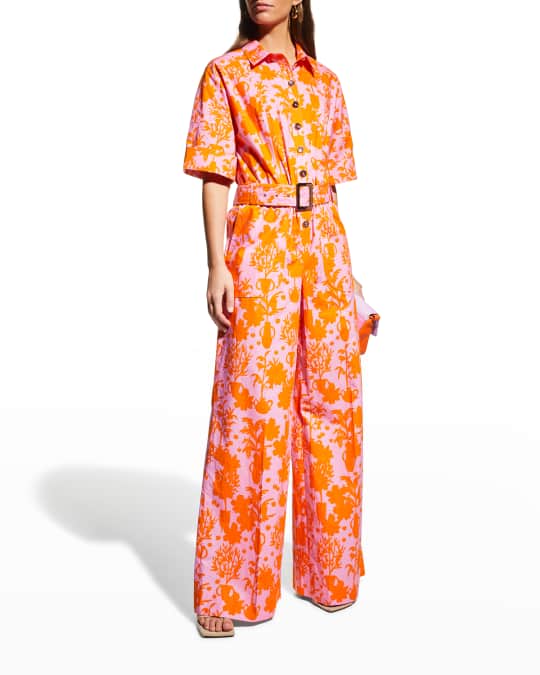 Maison Common Tree Garden-Print Belted Short-Sleeve Jumpsuit | Neiman ...
