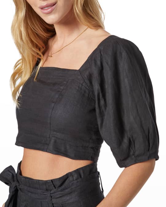 Joie Blanche Short-Puff Sleeve Linen Crop Top | Neiman Marcus