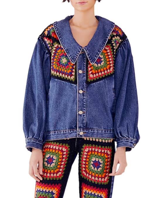 Farm Rio Embroidered Crochet Denim Jacket | Neiman Marcus