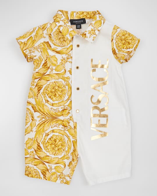 Versace Boy's Barocco Logo Collared Playsuit, Size 3-18M | Neiman Marcus