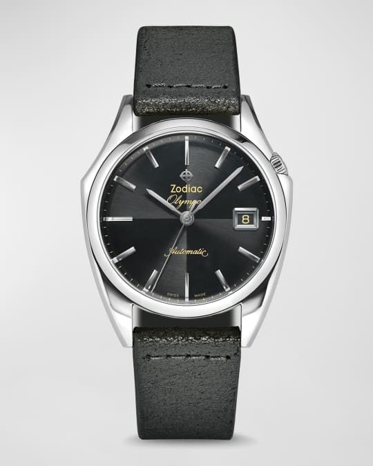 ZODIAC Olympos Automatic Black Leather Watch | Neiman Marcus