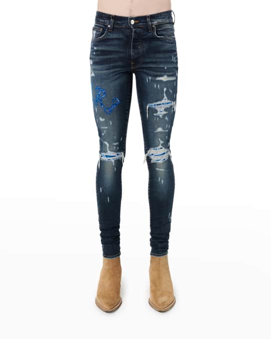 Amiri Men's Old English Rip/Repair Logo Jeans | Neiman Marcus