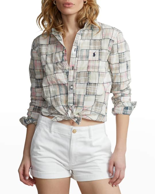 Polo Ralph Lauren Patchwork Plaid Tie-Front Shirt | Neiman Marcus