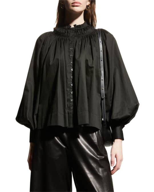 Co Ruched Ruffle Puff-Sleeve Blouse | Neiman Marcus