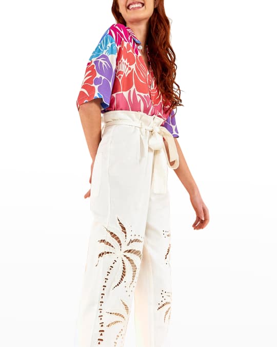 Farm Rio Embroidered Palm Cutwork Straight-Leg Cotton Pants | Neiman Marcus