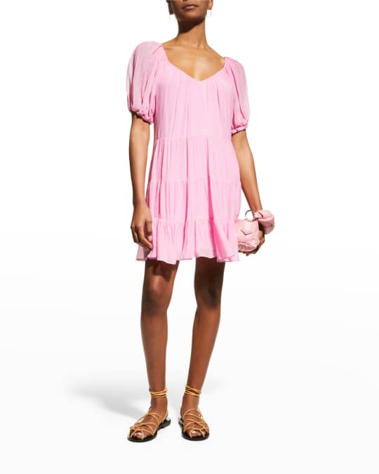 Rebecca Taylor Crinkle Chiffon Tiered Puff-Sleeve Mini Dress | Neiman ...
