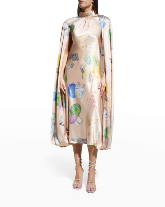 Rodarte Mushroom-Print Silk Cape Midi Dress | Neiman Marcus