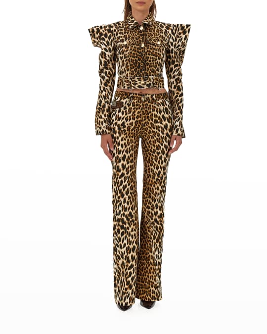 Roberto Cavalli Leopard Strong-Shoulder Crop Denim Jacket | Neiman Marcus