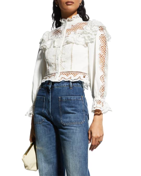 Alice + Olivia Marlo Eyelet Lace Ruffled Cropped Blouse | Neiman Marcus