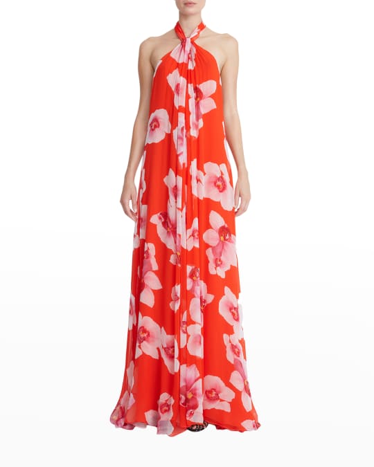 Halston Donna Floral Chiffon Halter Gown | Neiman Marcus