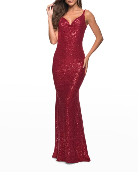 La Femme Low-Back Fitted Sequin Column Gown | Neiman Marcus