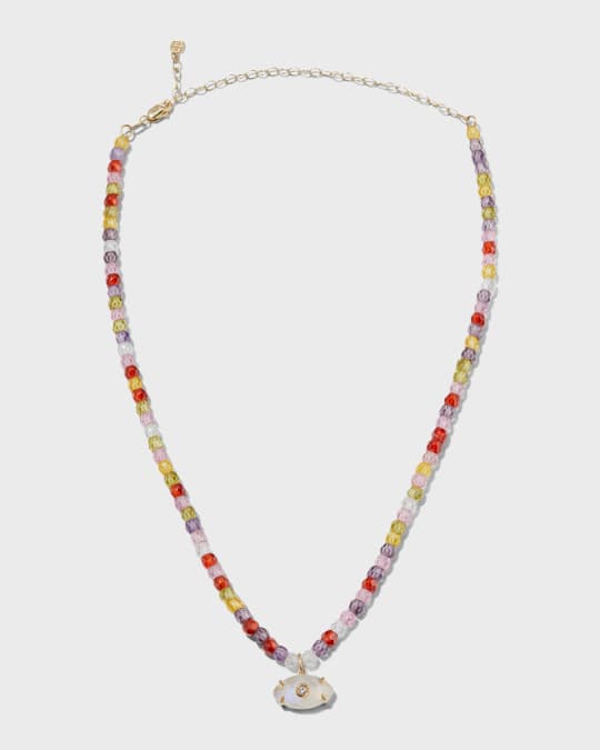 Sydney Evan Yellow Gold Rainbow Zircon Combo Necklace with Carved Stone ...